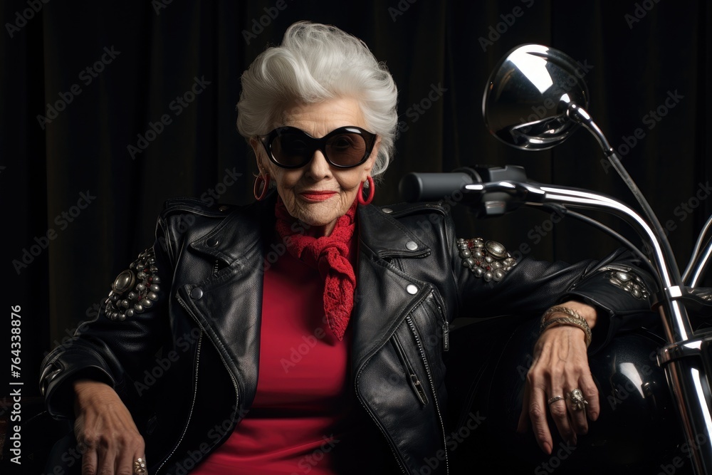 Cool grandma on a motorcycle, face portrait. Mature woman in black ...