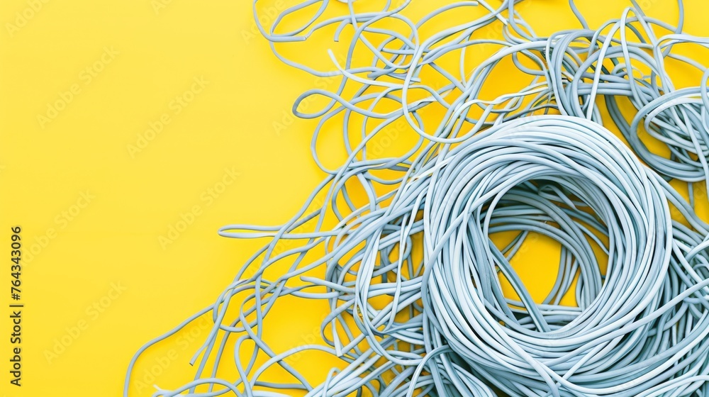 Tangled rolls of computer wires over a yellow background, illustrating ...