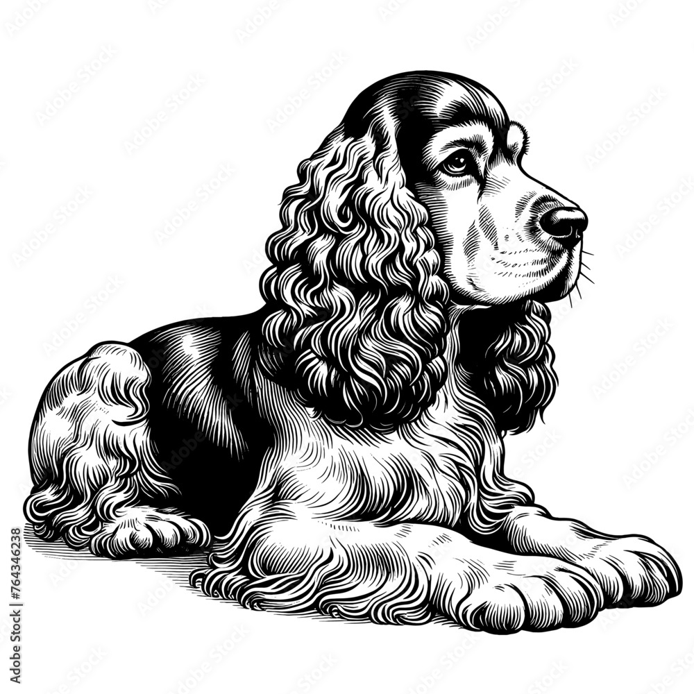 English Cocker Spaniel laying down. Hand Drawn Pen and Ink. Vector ...