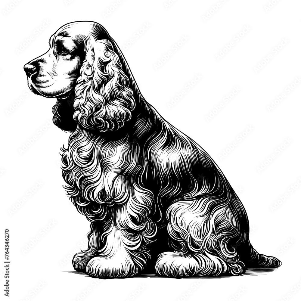 English Cocker Spaniel sitting. Hand Drawn Pen and Ink. Vector Isolated ...