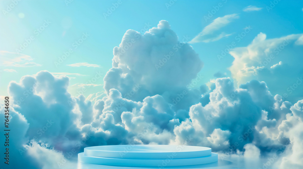 Empty round, circular light blue podium background in the clouds sky ...