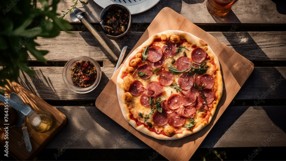 top-down food photograph of freshly made italian salami pizza on wooden ...
