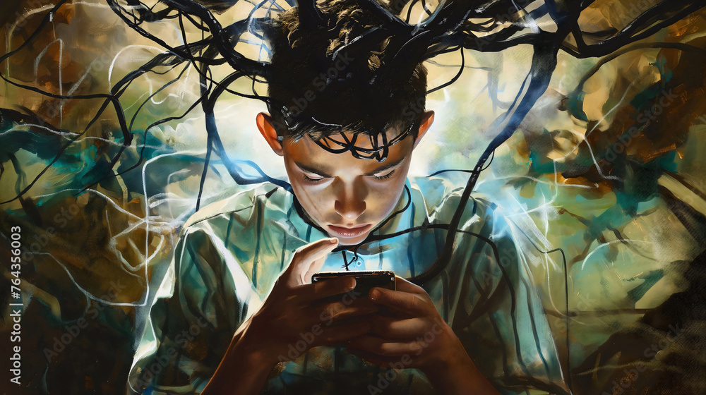 Young man teenager looking at smartphone, generation z addiction to ...