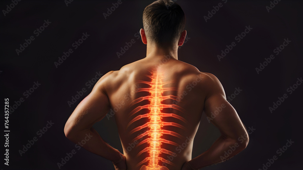 Rearview 3d x-ray scanner anatomy of a muscular young patient man with ...