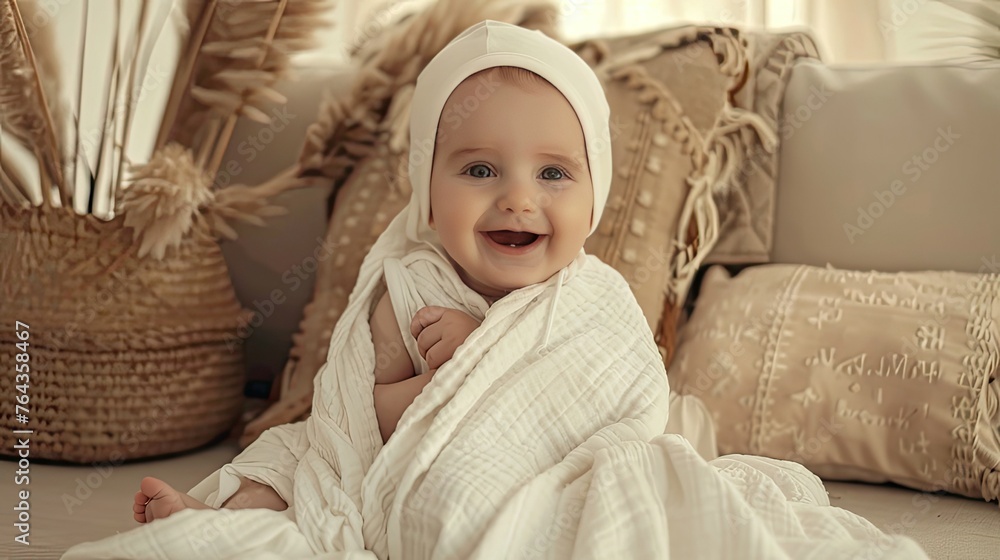 A happy baby wrapped in a white swaddle sits on a sofa with an empty ...
