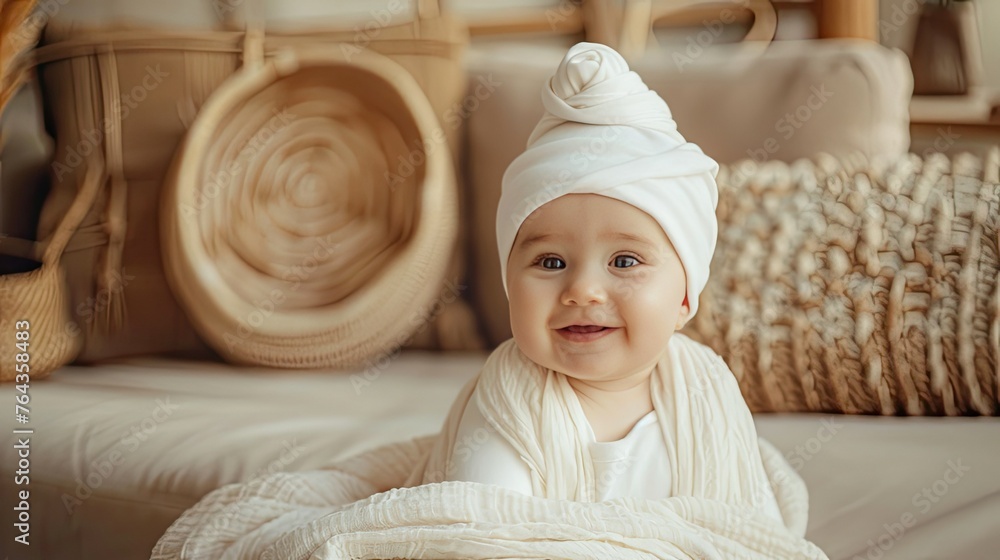 A happy baby wrapped in a white swaddle sits on a sofa with an empty ...