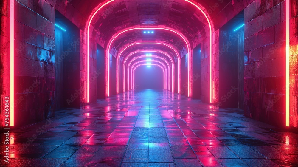 Abstract neon light geometric background. Glowing neon lines. Empty ...