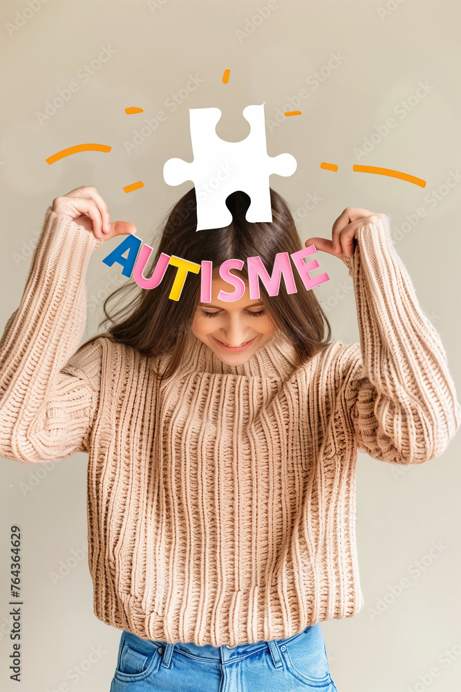 Smiling young lady with word AUTISME, French for AUTISM and a jigsaw ...