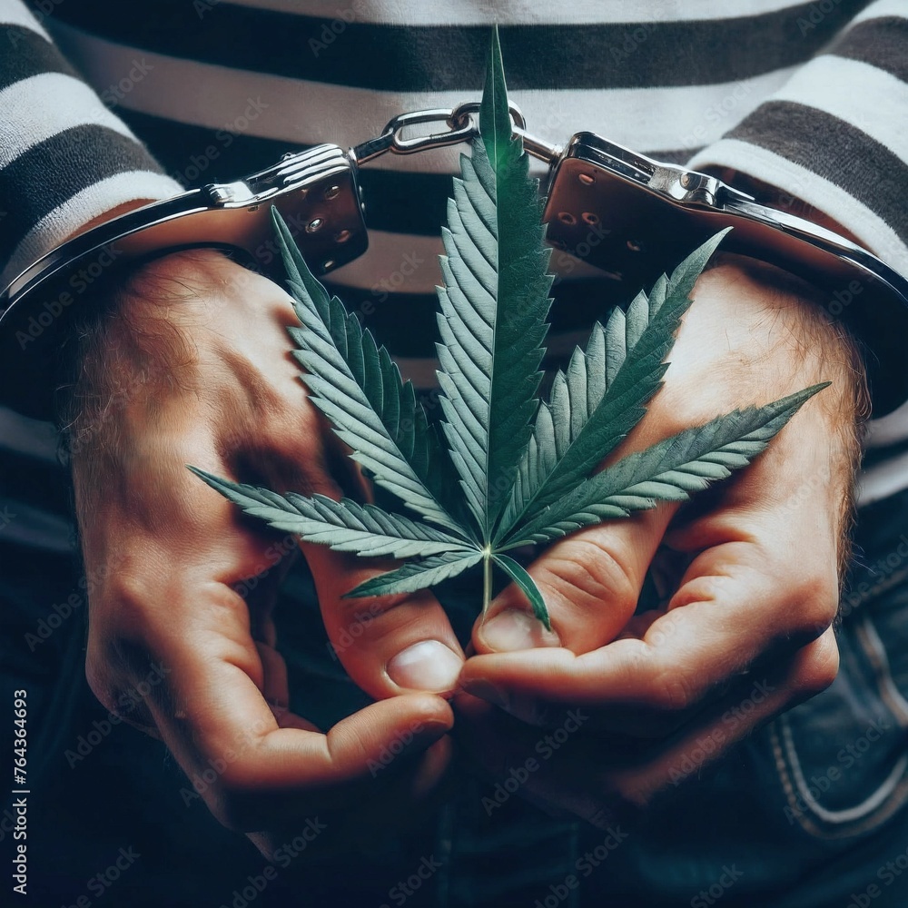 Handcuffed hands of an arrested cannabis consumer. Cannabis leaf ...