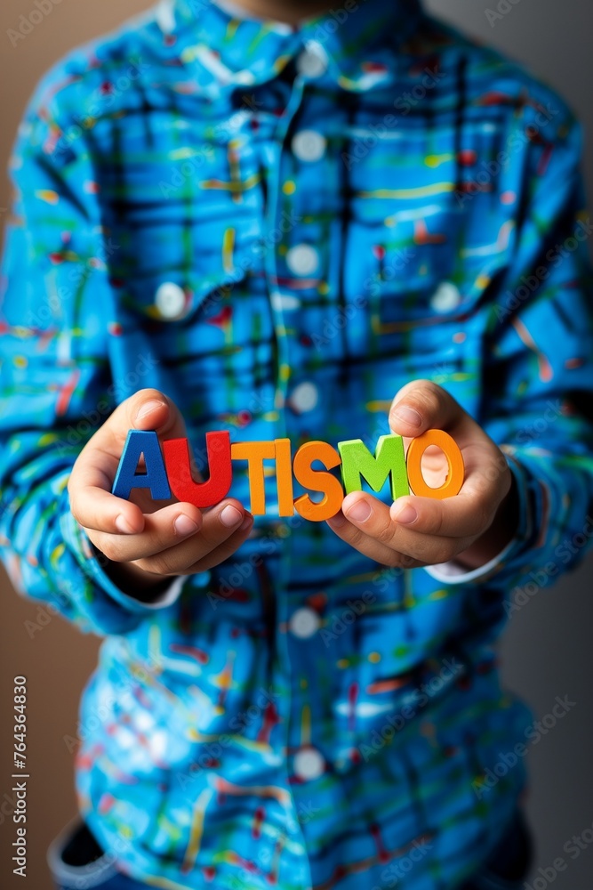 Boy or man holiding the word "AUTISMO" (AUTISM in English) in their ...