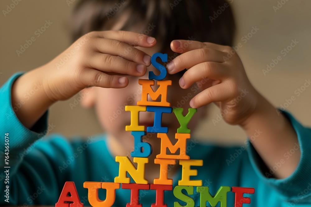 Autistic child in blue playing with 3D toy letters and writing the word ...