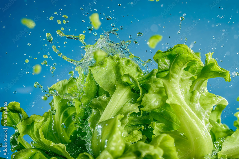 Food shot of romaine lettuce with water splash, liquid explosion ...