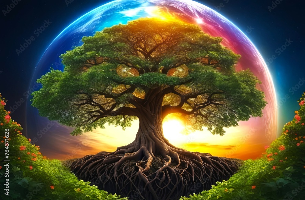 majestic and ancient tree with expansive roots weave into the earth ...