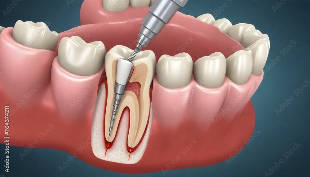 Dentist performing a dental root canal procedure with a syringe ...