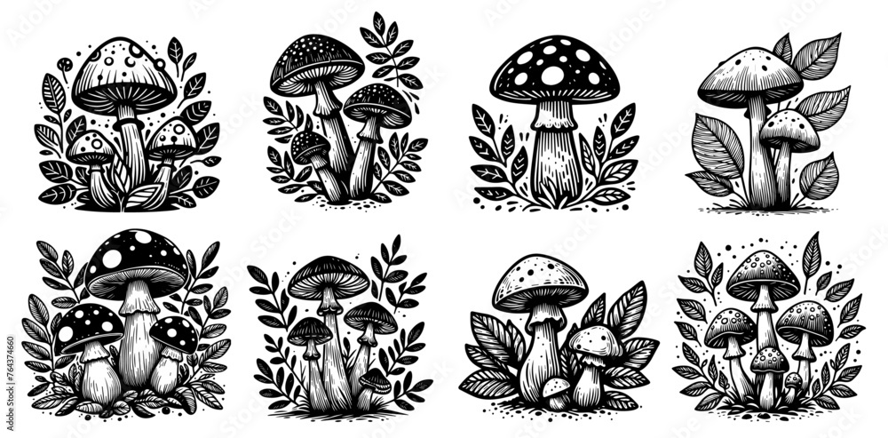 wild mushrooms in a forest setting vector illustration silhouette for ...