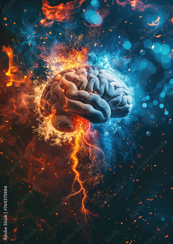 Illustration of a brain mind on fire, exploding with ideas and light ...