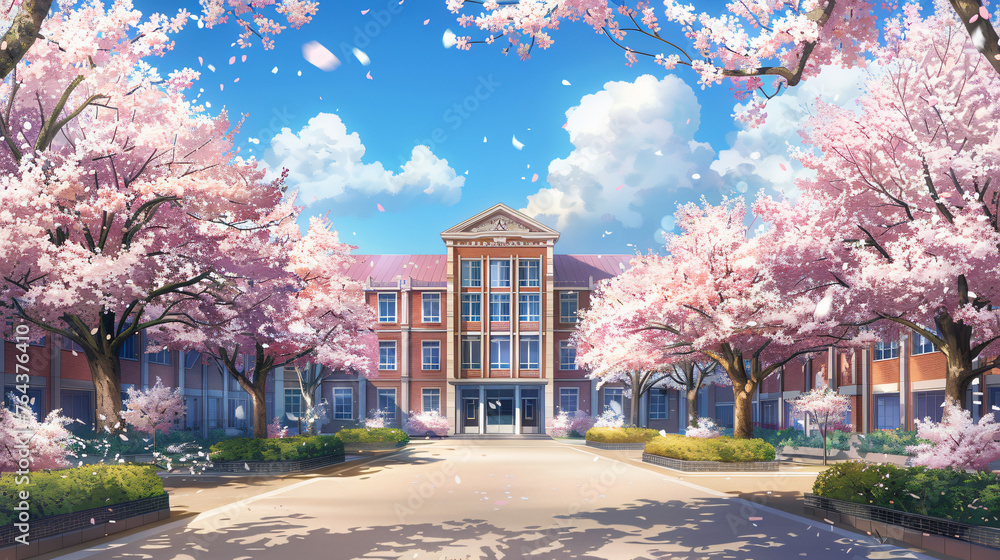 Anime school background with cherry blossom trees, pastel colors, blue ...
