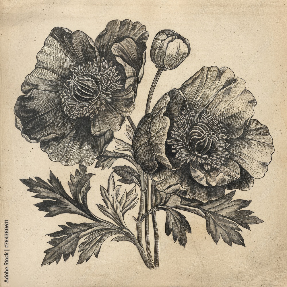 Nostalgic old engraving, delicate flowers immortalized in intricate ...