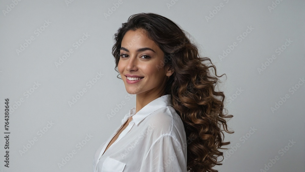 Colombian woman in her 20s with beautiful wavy hair posing smilingly on ...