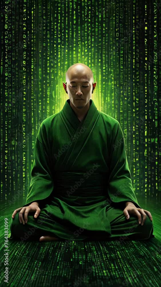 MONK MEDITATING WITH HIS EYES CLOSED, IN FRONT OF THE CAMERA. BINARY ...