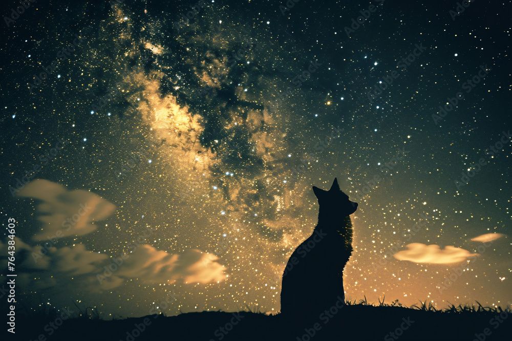 Beautiful night sky with stars and the milky way, a fox silhouette on ...