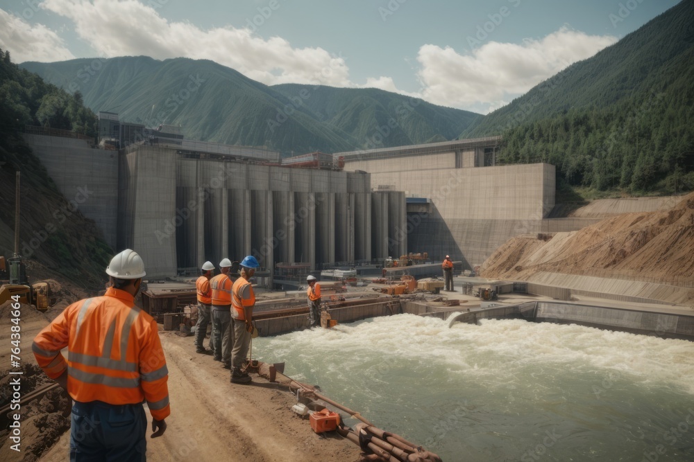 Construction workers supervise the construction of hydroelectric power ...