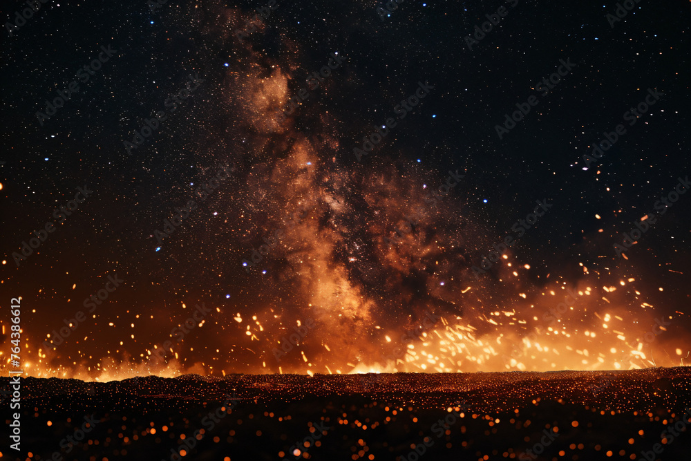 Starry sky with Milky Way, fire in the background, long exposure ...