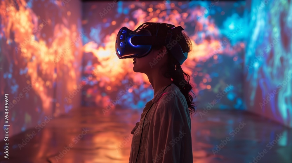 Woman Enthralled by VR Art Installation. Young woman is absorbed in a ...