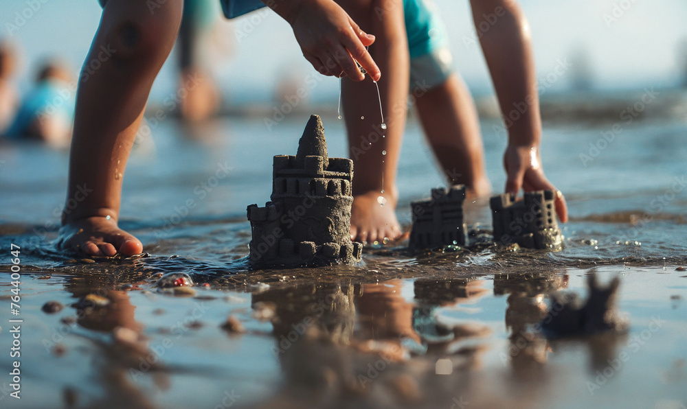 Children playing and building sandcastles, the incoming tide waves is ...