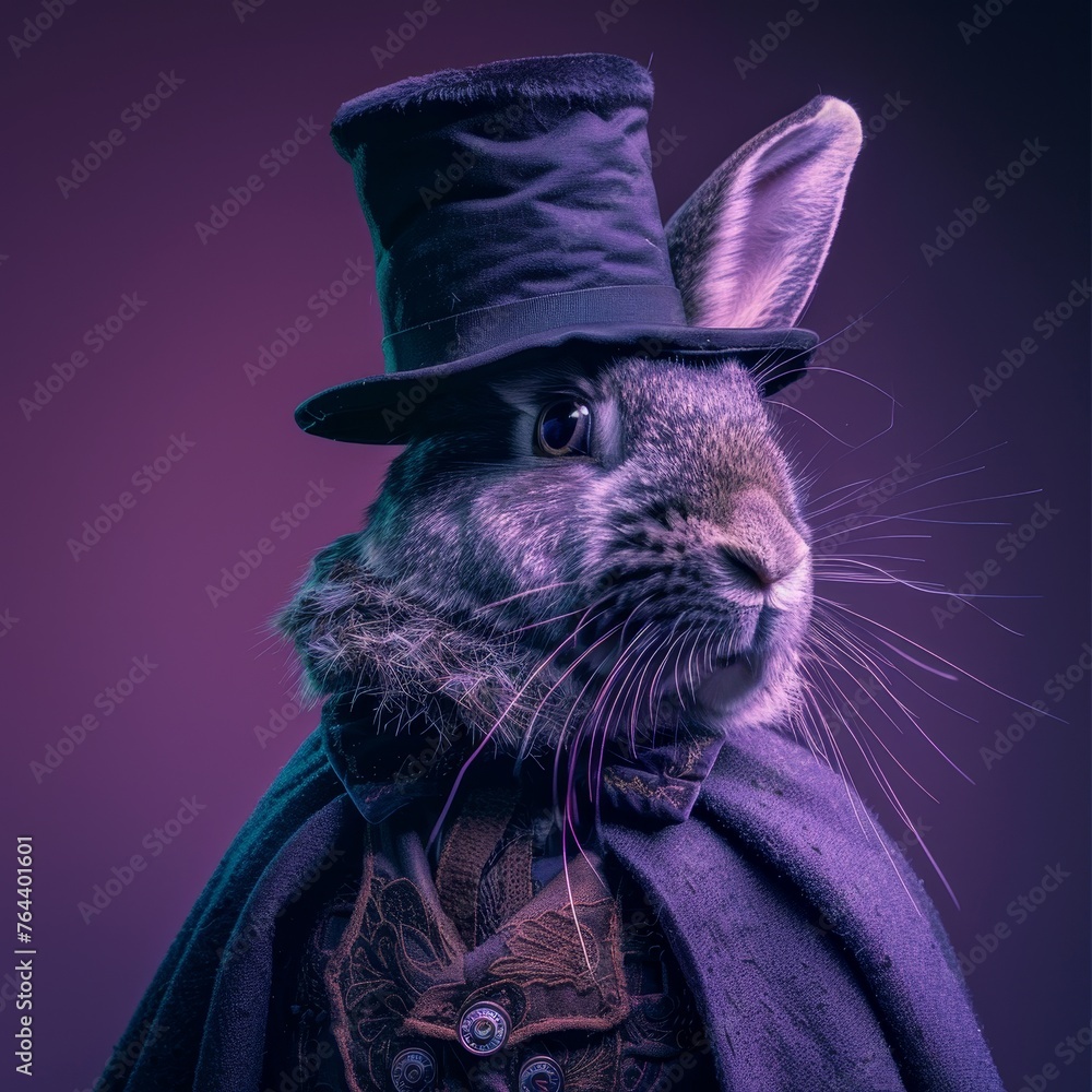 A mystical scene of a rabbit dressed as a magician, complete with a ...