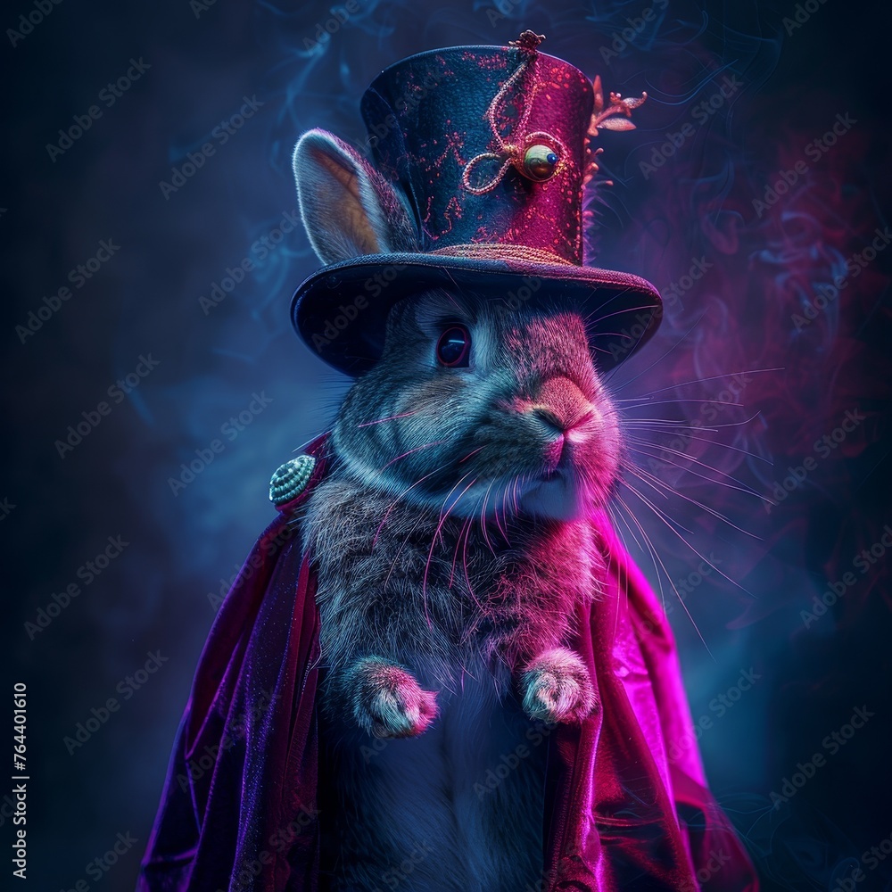 A mystical scene of a rabbit dressed as a magician, complete with a ...