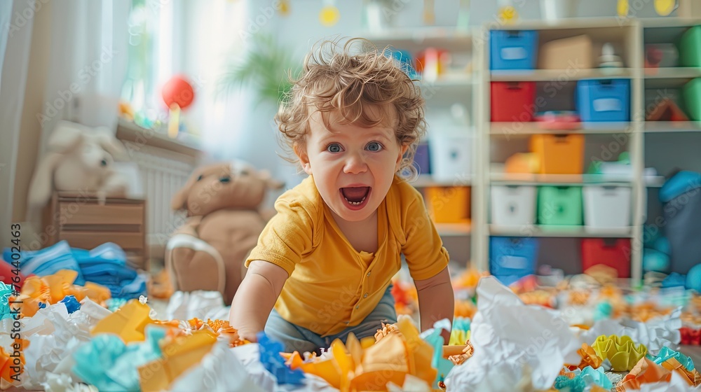 Chaos Unleashed: Playful Toddler Creates Havoc in a Messy Room, Tossing ... Chaos Unleashed: Playful Toddler Creates Havoc in a Messy Room, Tossing ...