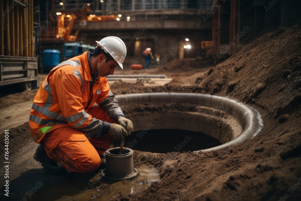 Plumber engineer checking excavation concrete drainage pipes and ...