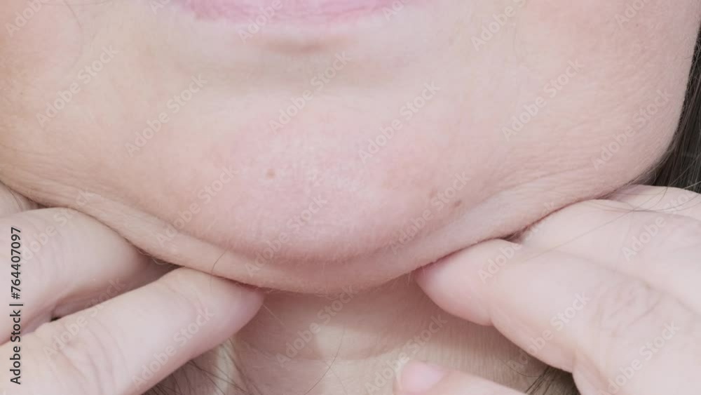 close-up Double chin face mature woman 50 years old, human fat neck ...