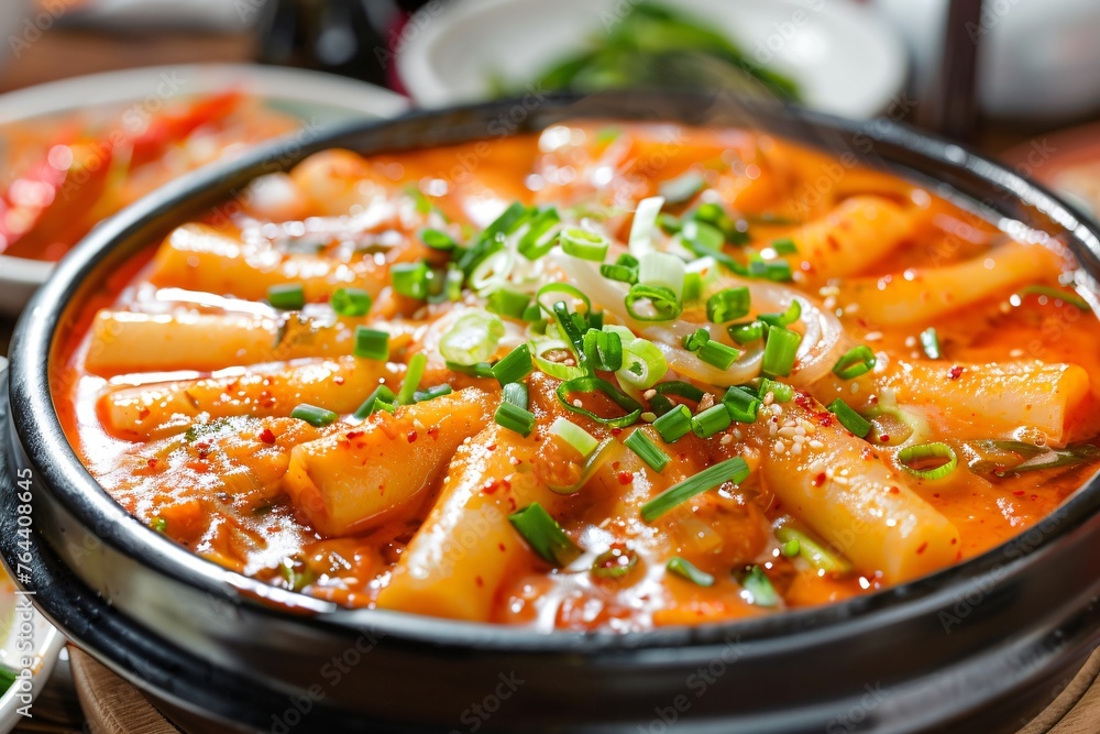 Tteokbokki chewy rice cakes simmered in a fiery red chili sauce a ...