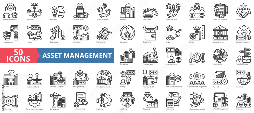 Asset management icon collection set. Containing systematic, approach ...