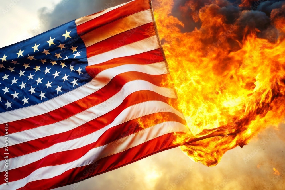 American flag burning in a dramatic inferno - A powerful scene ...