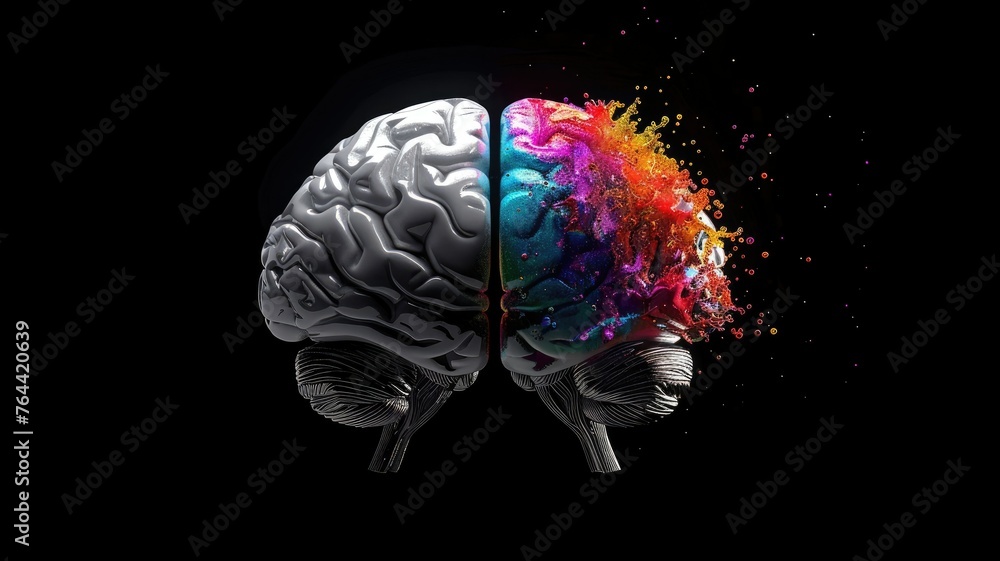 Brain with half in monochrome and half in colors - Concept art of a ...