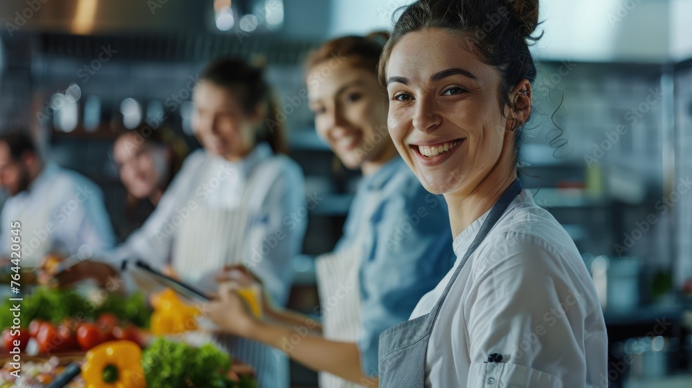 Cheerful female chef with colleagues - Group of happy chefs in a ...