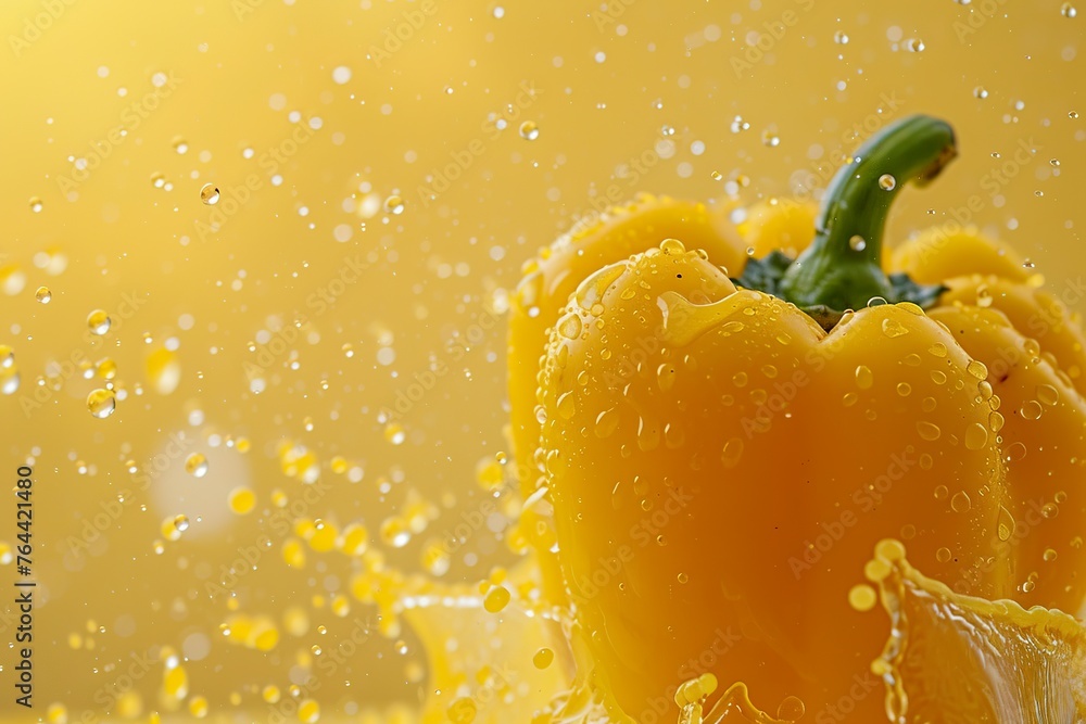 A ripe yellow pepper with dew and water droplets in the air. Fresh ...