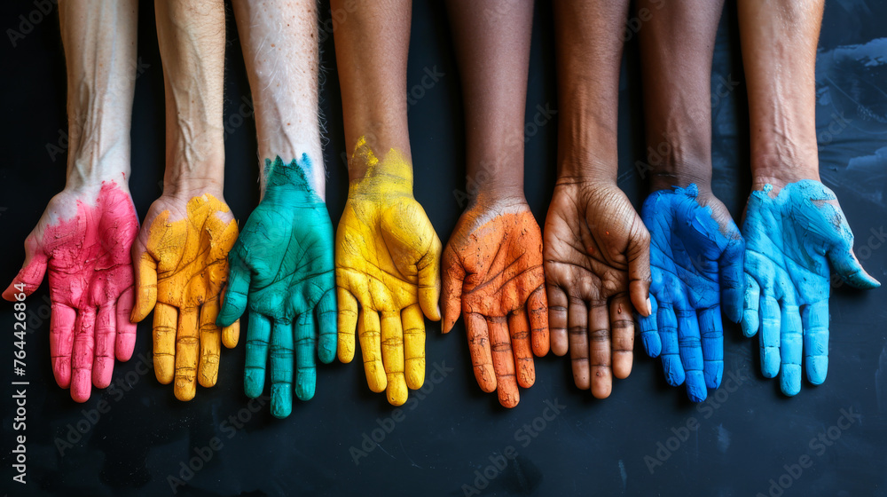 A group of people with their hands together in a circle, each with a ...