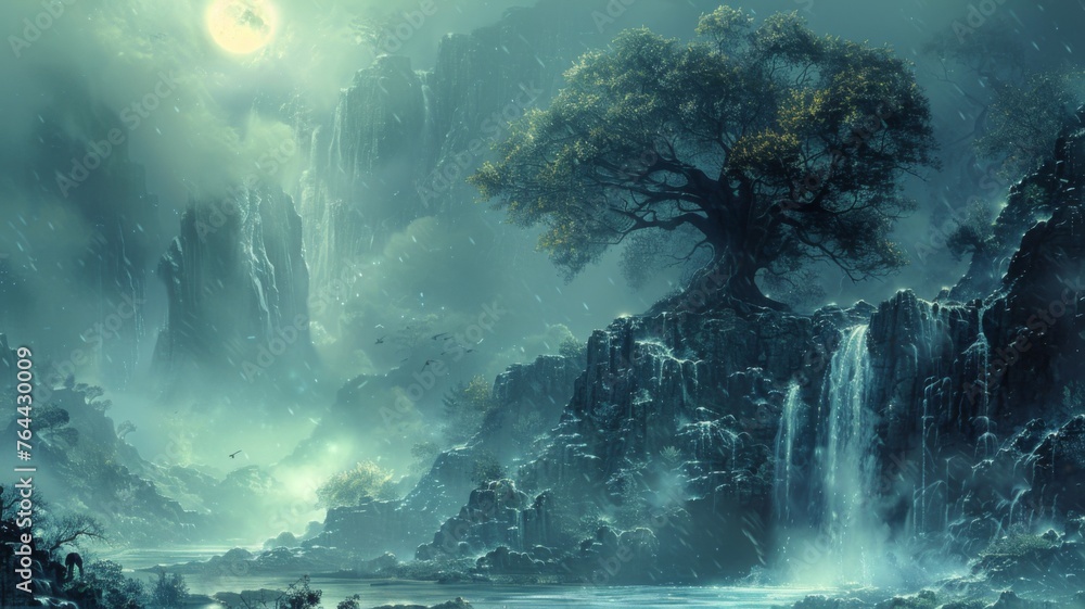 Fantasy Landscape with Tree and Waterfalls - Magical fantasy landscape ...