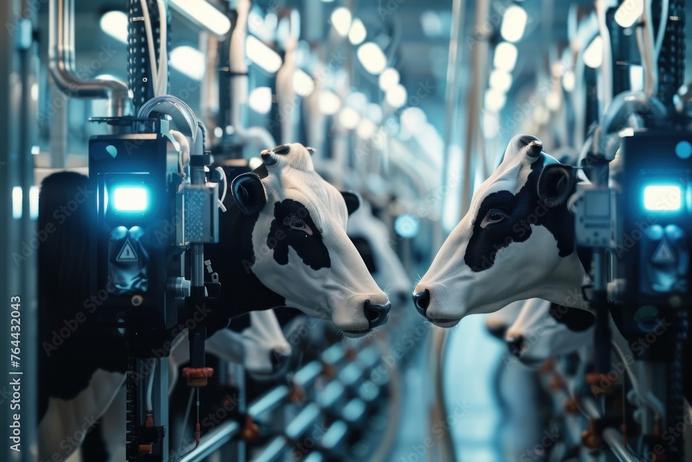 Cows being milked by an automated system equipped with sensors and ...