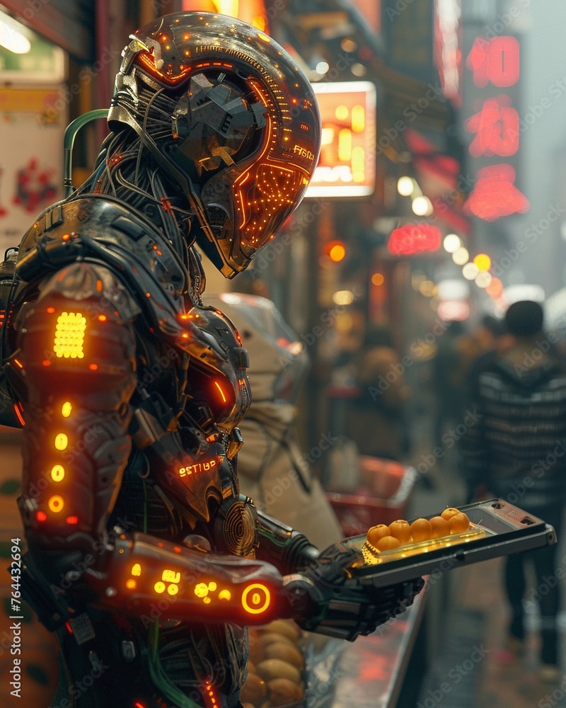 In a bustling metropolis, a cyborg street vendor with glowing ...