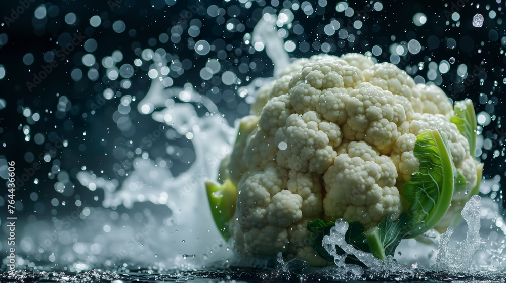 A vibrant cauliflower glistening with moisture with dew and water ...