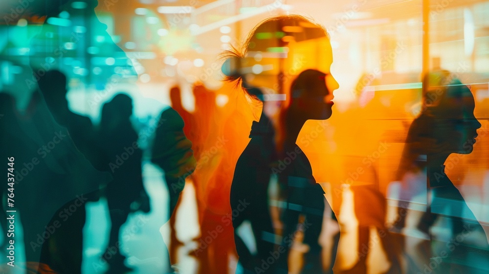 Silhouette of a leader with a double exposure of a city skyline ...