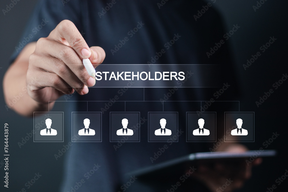 Stakeholders concept. Person touching stakeholders icon on virtual ...