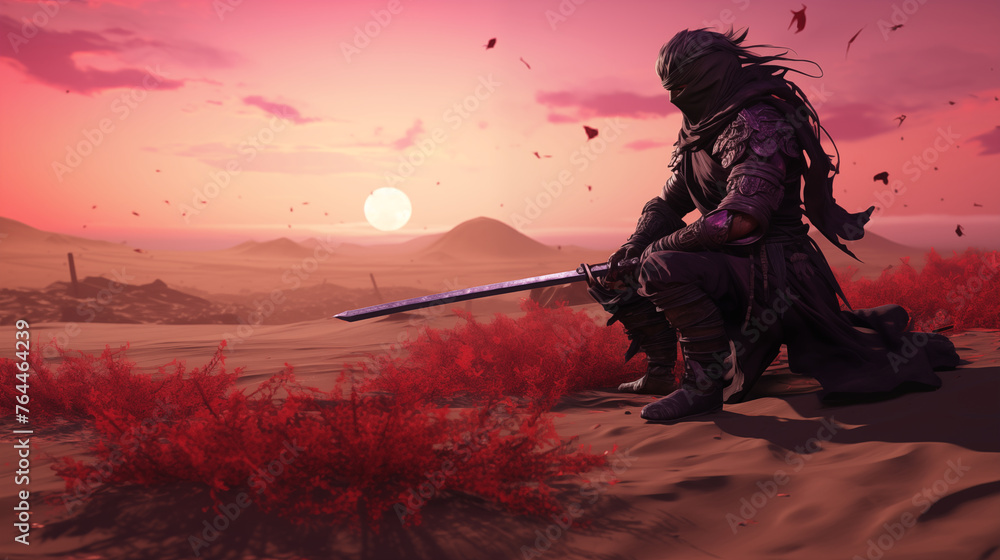 The mysterious desert assassin in black suit and his sword in the ...