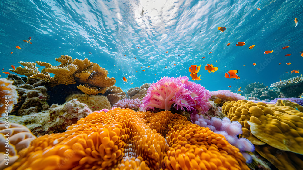 Vibrant coral reefs through submerged aquatic lenses, providing an ...