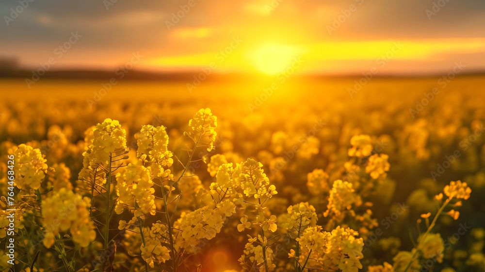 cinematic sunrise over canola flower fields, creating a golden and ...